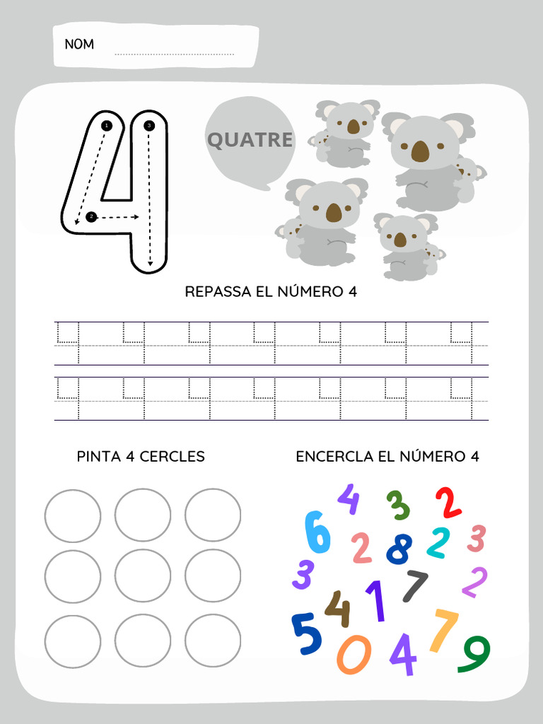 Grey Number 4 Tracing Worksheet | PDF