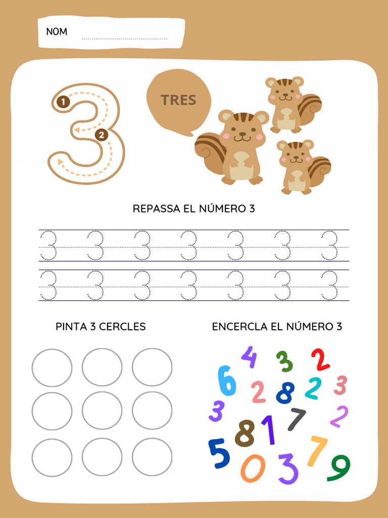 Brown Number 3 Tracing Worksheet | PDF