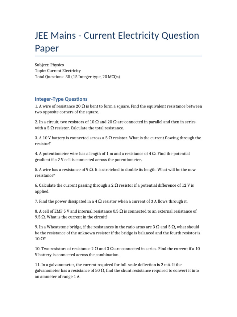 JEE - Mains - Current - Electricity - Questions New | PDF | Electrical ...