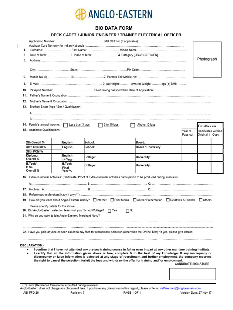 Bio-data Form AEI- FPD 26 | PDF