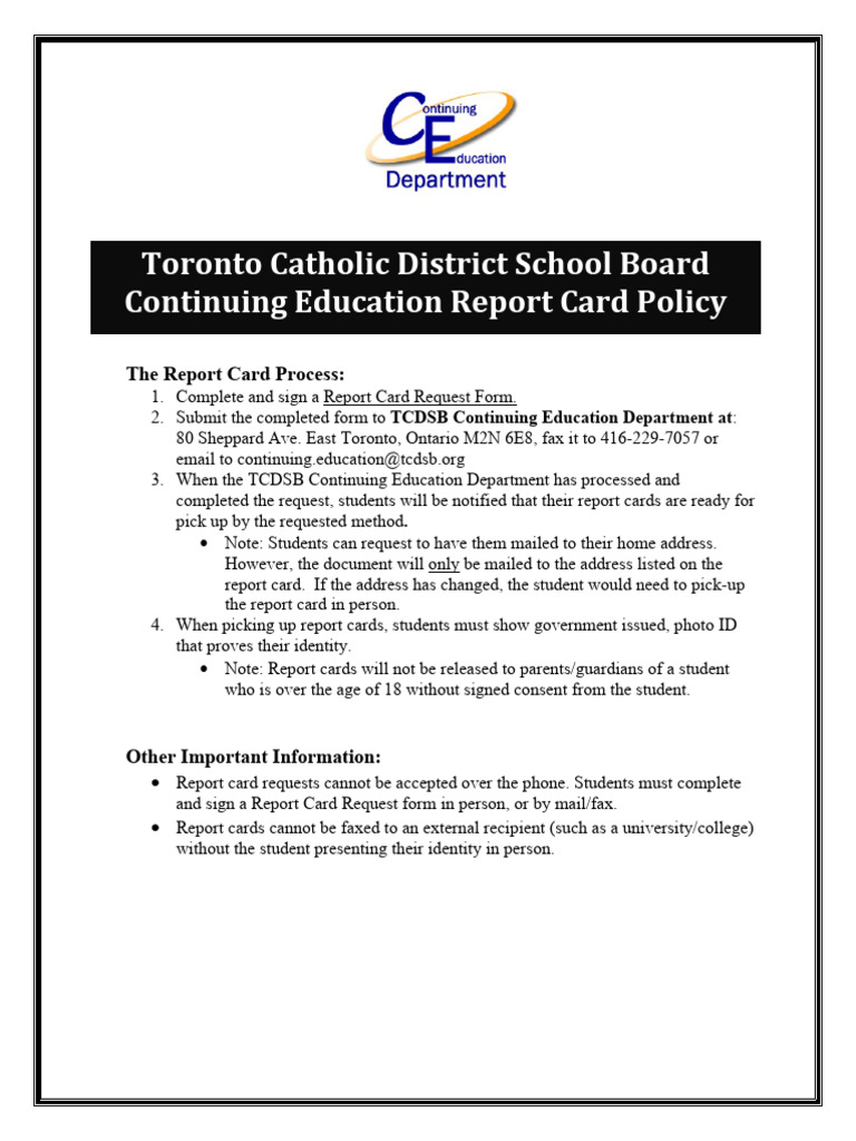 Report Card Request Form TCDSB | PDF | Mail | Written Communication