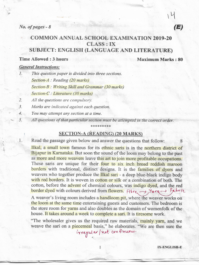 Class Ix Common Annual Examination 2019-2020 (Evening Shift) | PDF