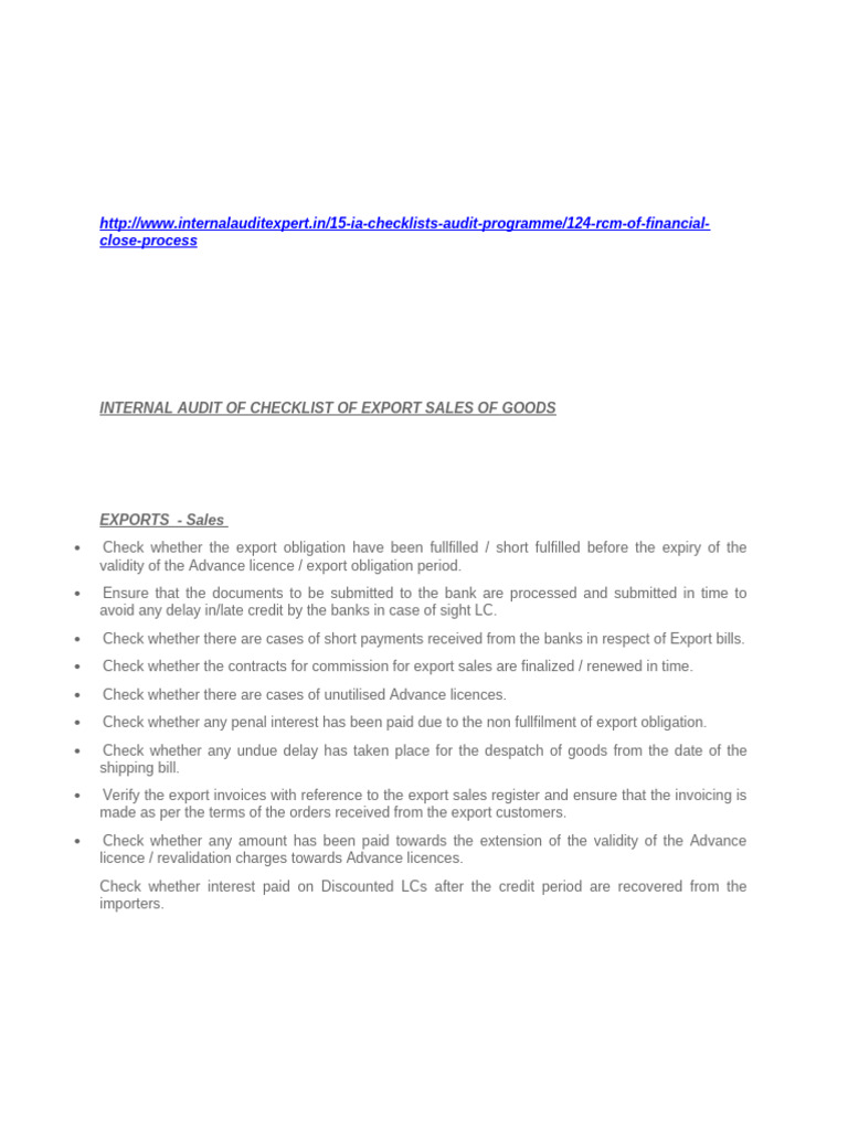 Internal Audit of Checklist of Export Sales of Goods | PDF | Cheque ...