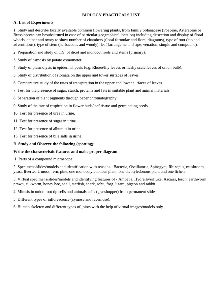 Biology Practicals List Class 11 | PDF