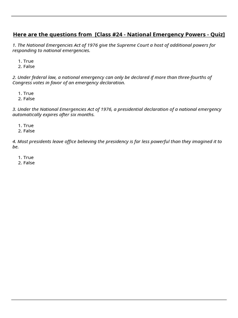 National Emergency Powers Quiz Questions | PDF