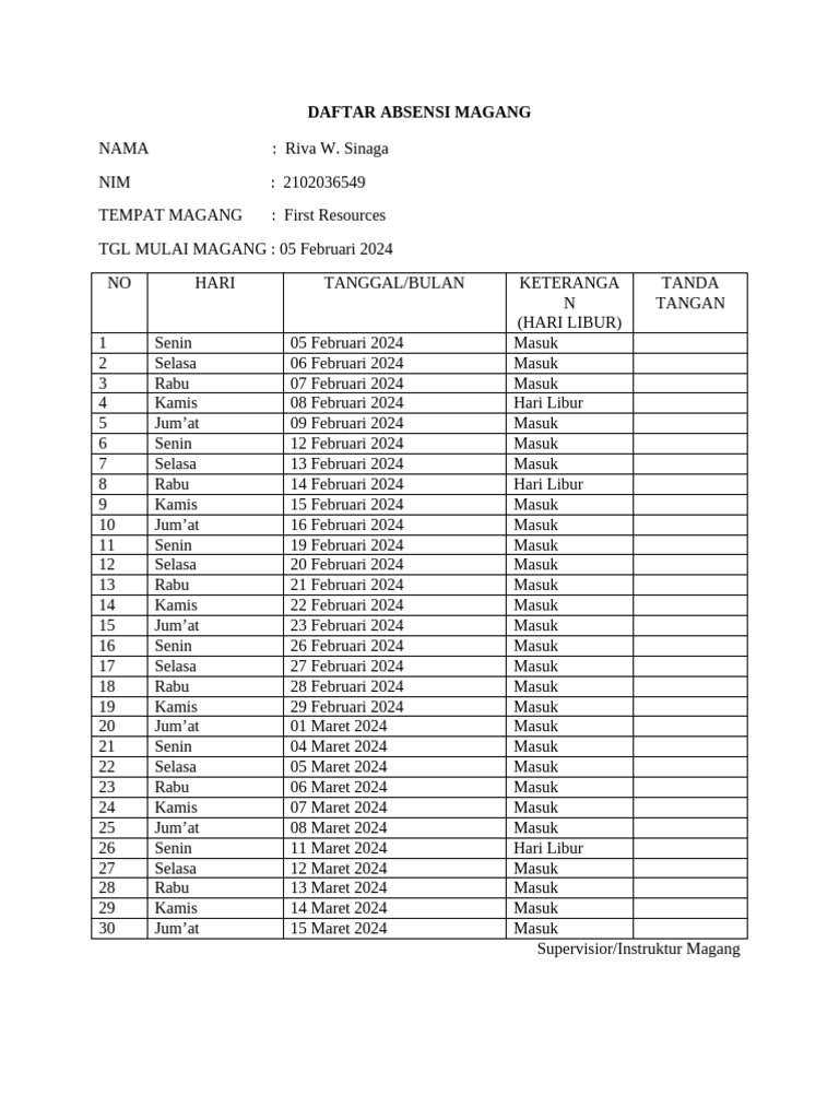 Daftar Absensi dan Kegiatan Magang Riva | PDF
