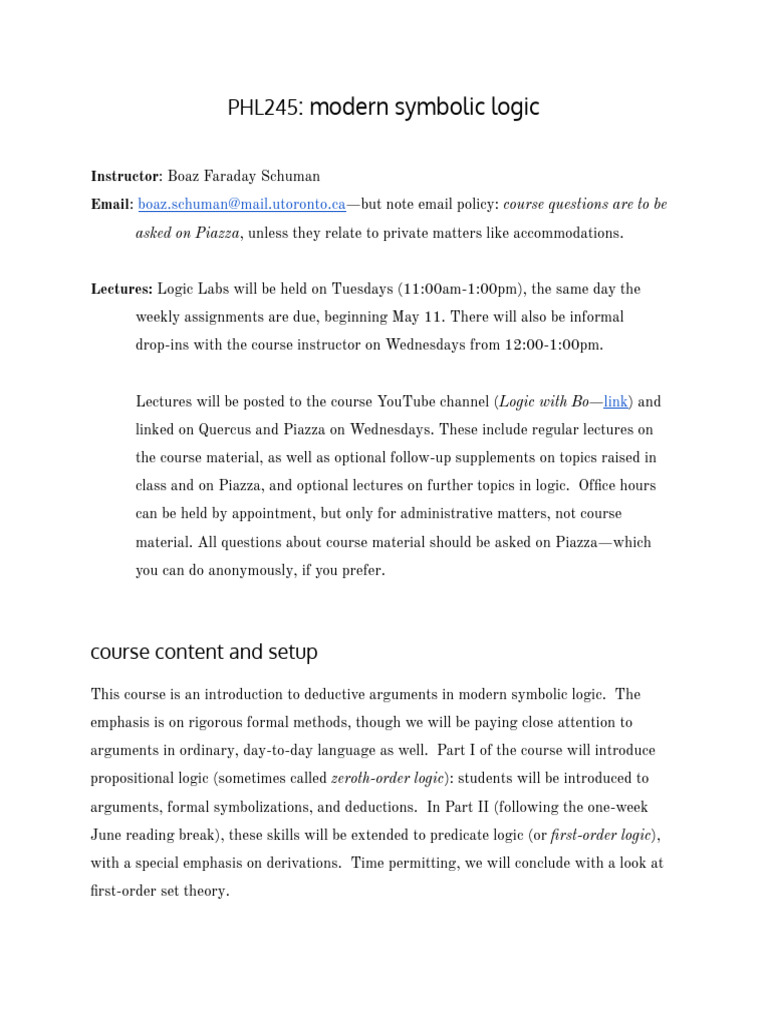 PHL245: Modern Symbolic Logic Course Overview | PDF | Logic | First Order Logic