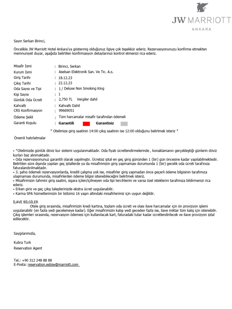 JW Marriott Hotel Ankara - Konfirmasyon Mektubu #99669051 | PDF