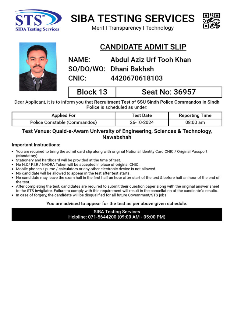 Siba Testing Services: Candidate Admit Slip | PDF