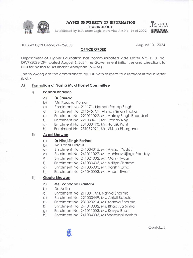 Office Order - Nasha Mukt Bharat Abhiyaan (Nmba) | PDF