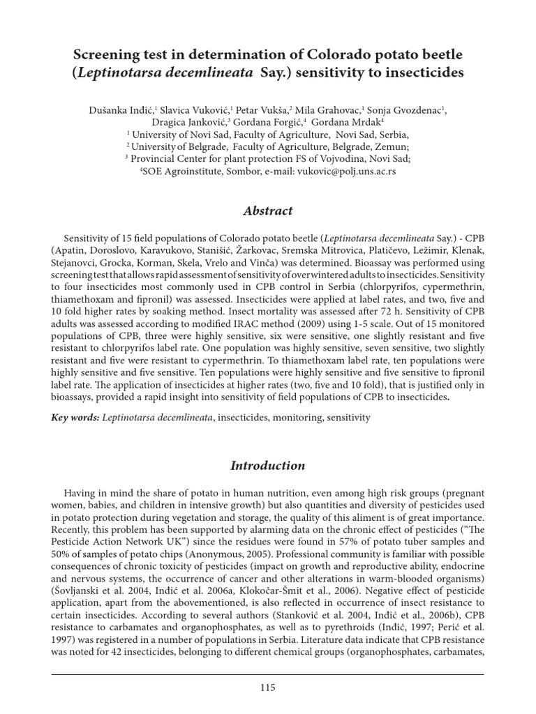 Screening Test in Determination of Colorado Potato Beetle (Leptinotarsa ...