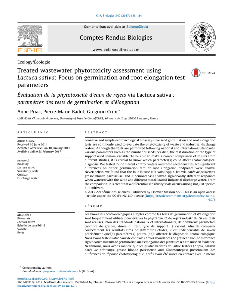 Priac Et Al, 2017 - Treated Water Phytoxicity | PDF | Water | Lettuce