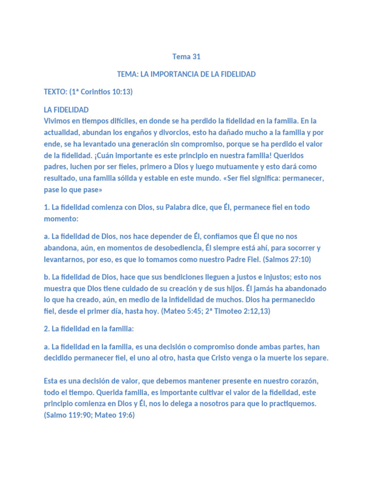 Tema 31.LA IMPORTANCIA DE LA FIDELIDAD | PDF