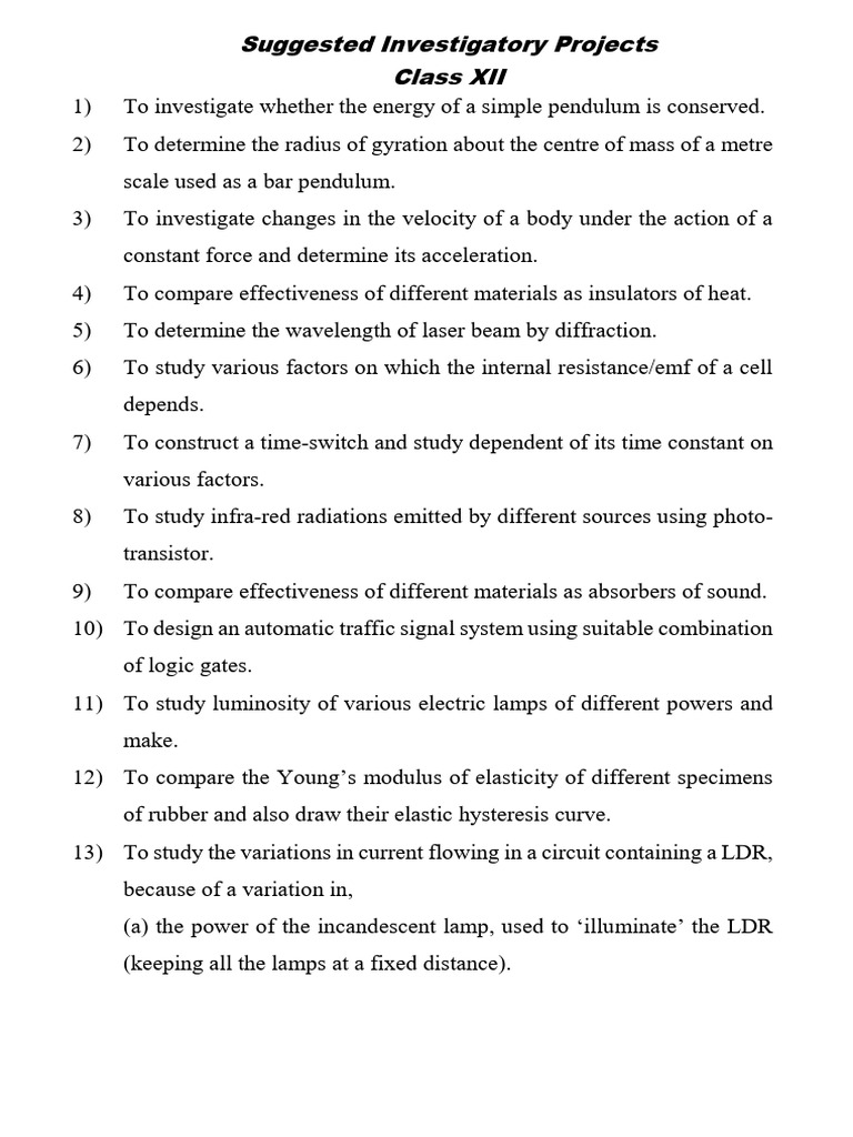 Suggested Investigatory Projects Class XII - 111802 | PDF | Science ...
