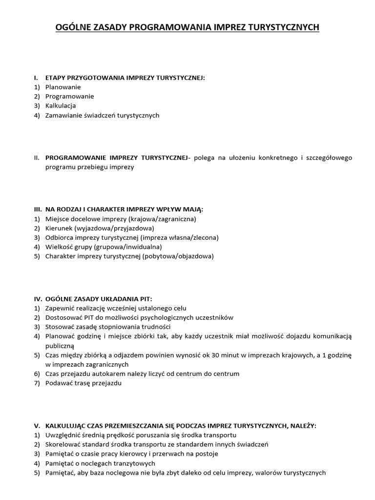 Ogólne Zasady Programowania Imprez Turystycznych | PDF
