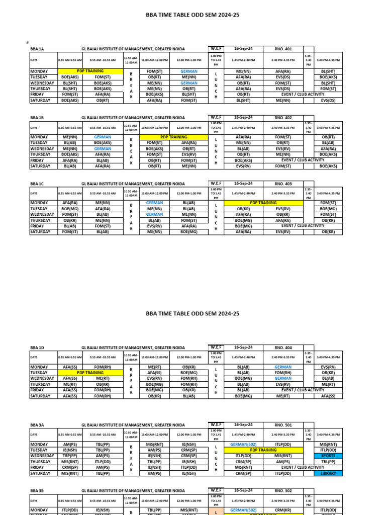 Revised Bba Time Table w.e.f 21 Oct 24 | PDF
