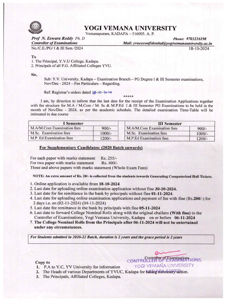 PG I Iii Sem Examination Fee Notification Nov Dec 2024 | PDF