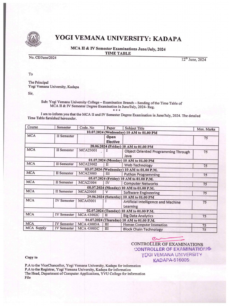 Mca Ii Iv Sem Time Table June July 2024 | PDF