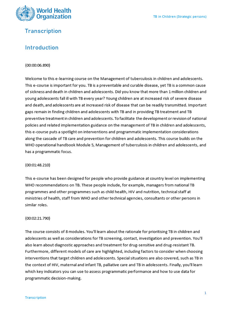 Transcription TB Children SP Introduction en | PDF | Tuberculosis ...