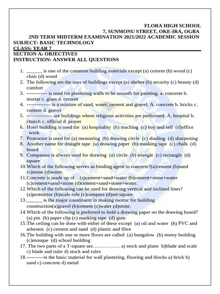 Basic Tech - Exam - Questions - Year 7-1 | PDF | Concrete | Building ...