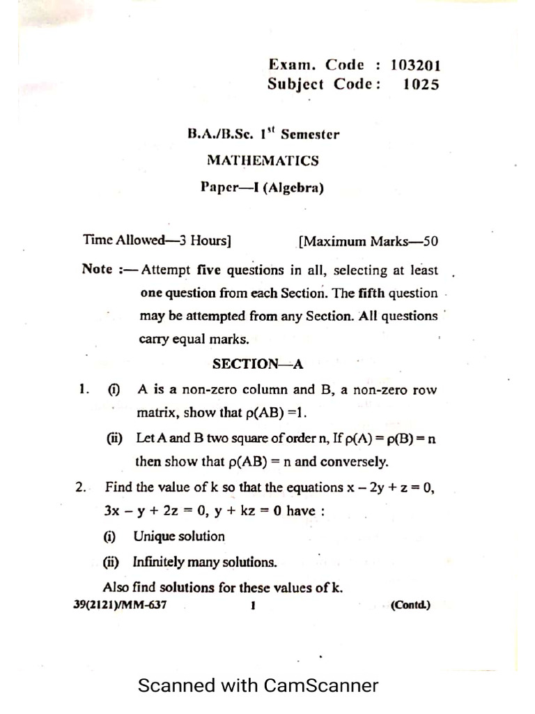 Math A Ba-Bsc 1st Sem 2020 | PDF