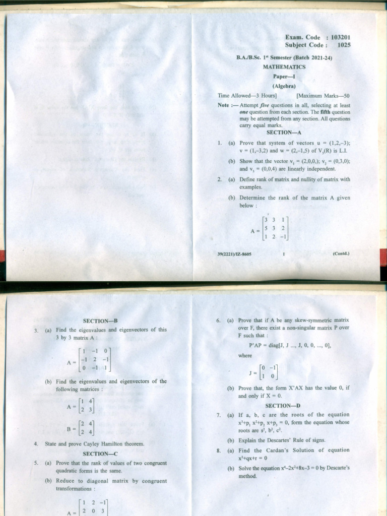 Math A Ba-Bsc 1st Sem 2021 | PDF
