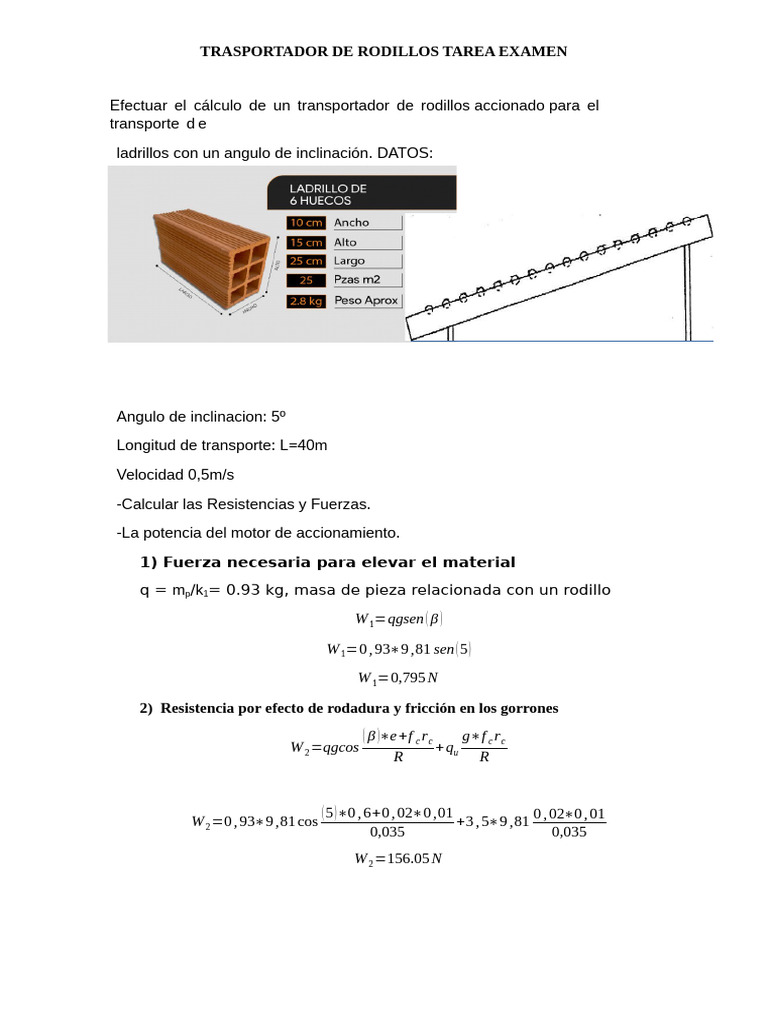 Tarea Examen Rodillos Ladrillo | PDF | Ingeniería mecánica | Mecánica