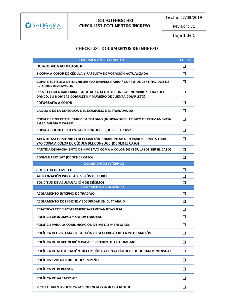 Checklist de Documentos de Ingreso Laboral | PDF