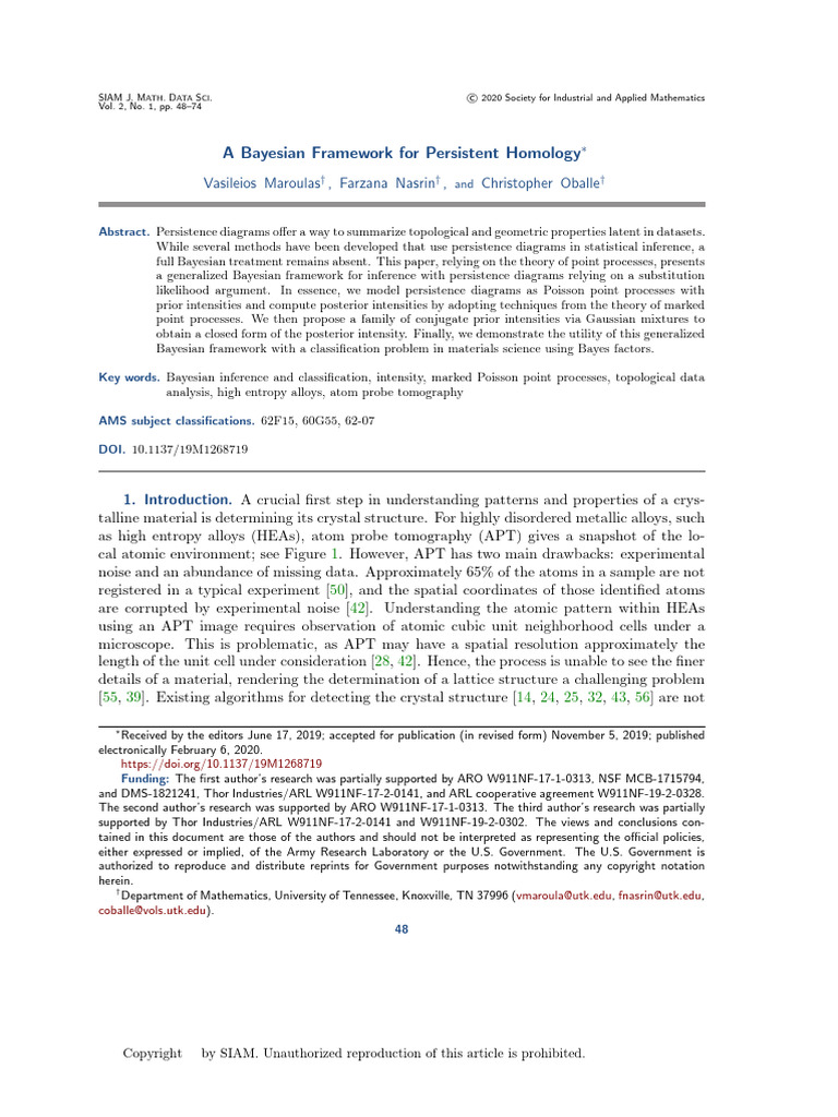 A Bayesian Framework for Persistent Homology | PDF | Bayesian Inference | Statistical Inference
