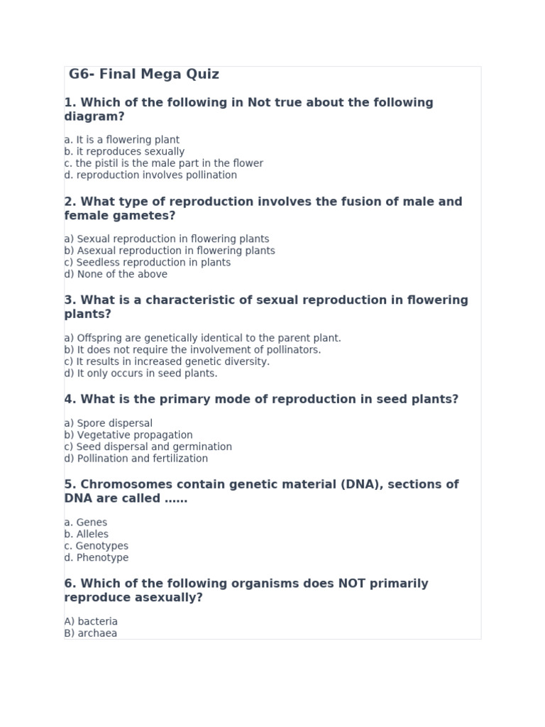 G6 Final Mega Quiz | PDF | Sexual Reproduction | Reproduction
