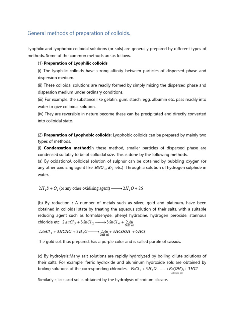 General Methods of Preparation of Colloids | PDF | Colloid ...