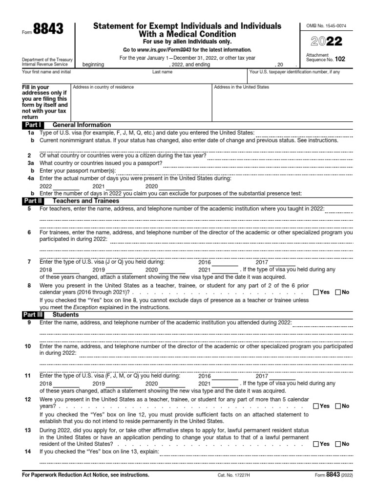 1040NR and 8843 Blank | PDF | Irs Tax Forms | Taxes