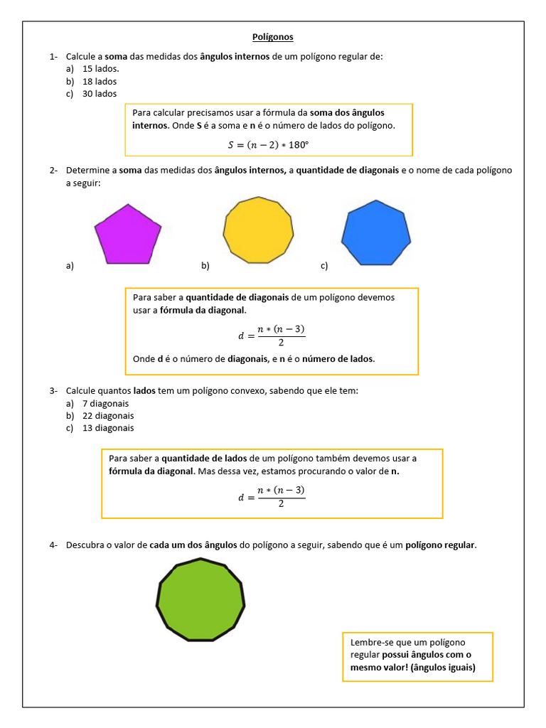 Polígonos (Diagonais e Ângulo Interno) - Exercicios Com Dicas | PDF | Polígono | Matemática