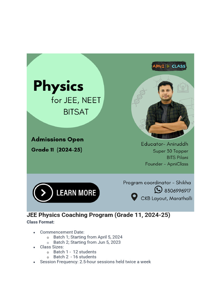 JEE Physics Coaching Program | PDF | Business | Finance & Money Management
