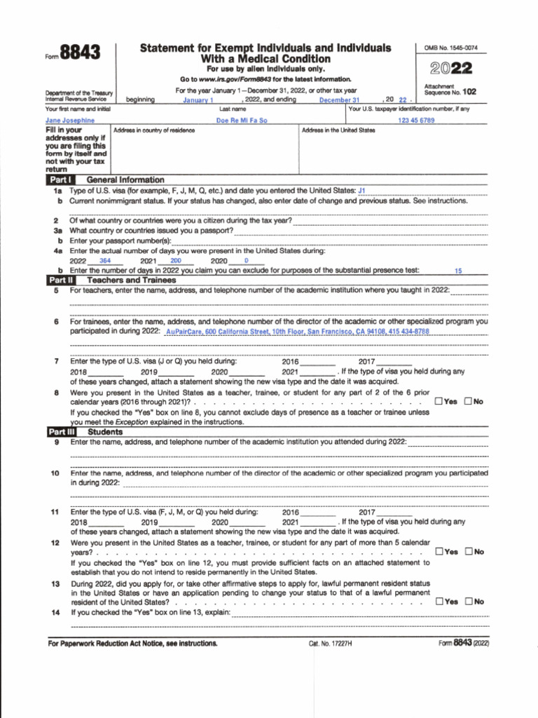 Sample 1040NR & Sample 8843 | PDF
