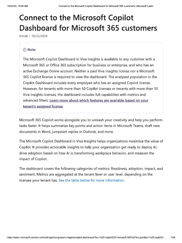 Connect To The Microsoft Copilot Dashboard For Microsoft 365 Customers | PDF