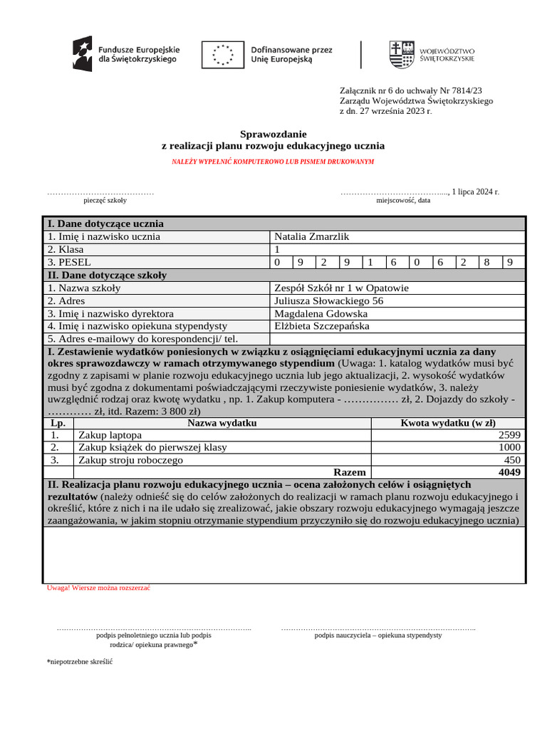 Zal. NR 6 - Sprawozd. Z Realiz. Planu Rozwoju - Zawodowe 2023 | PDF