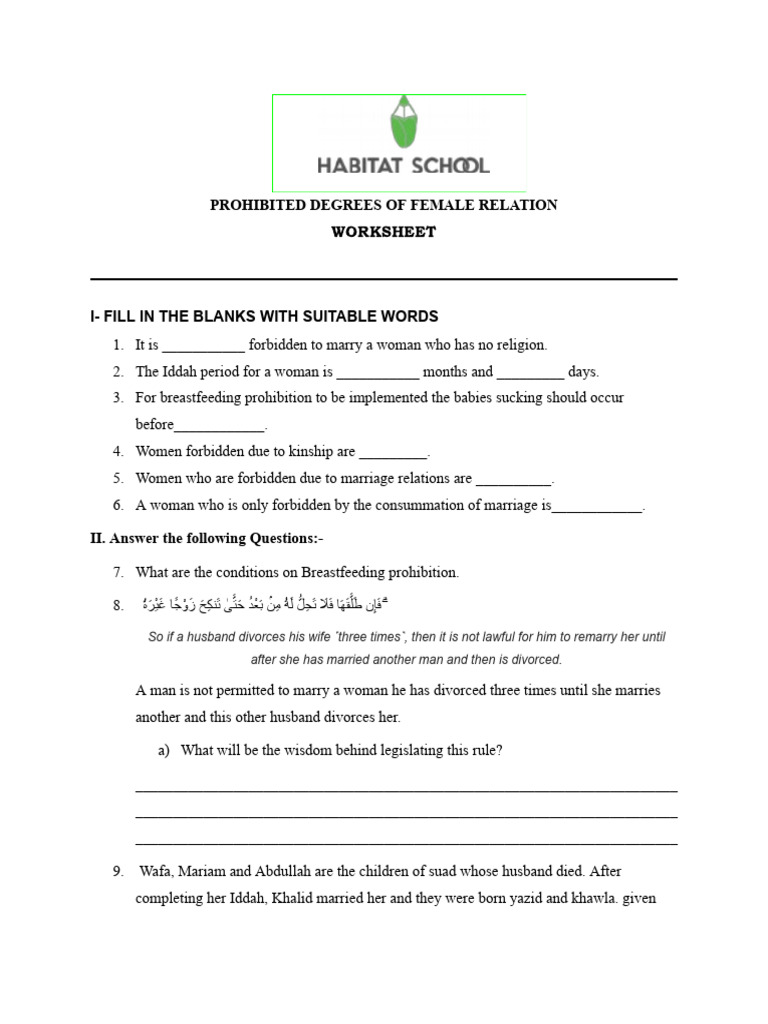 Worksheet - Prohibited Degrees of Female Relation | PDF | Marriage ...