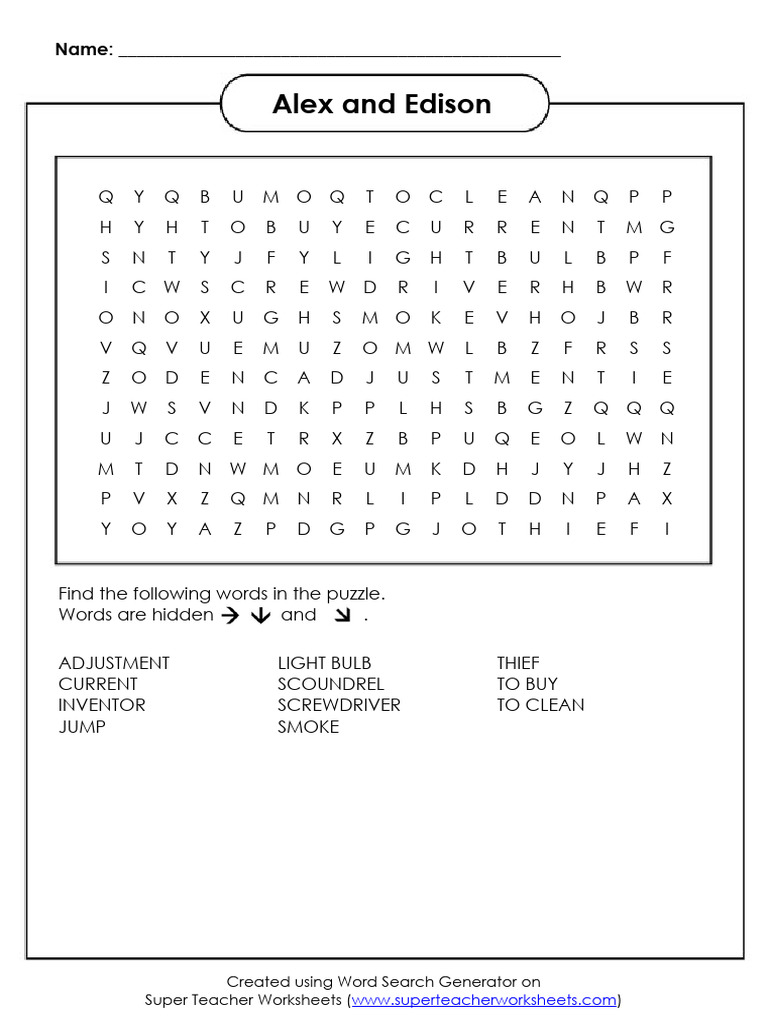Wordsearch Alex and Edison | PDF | Word Search | Linguistics