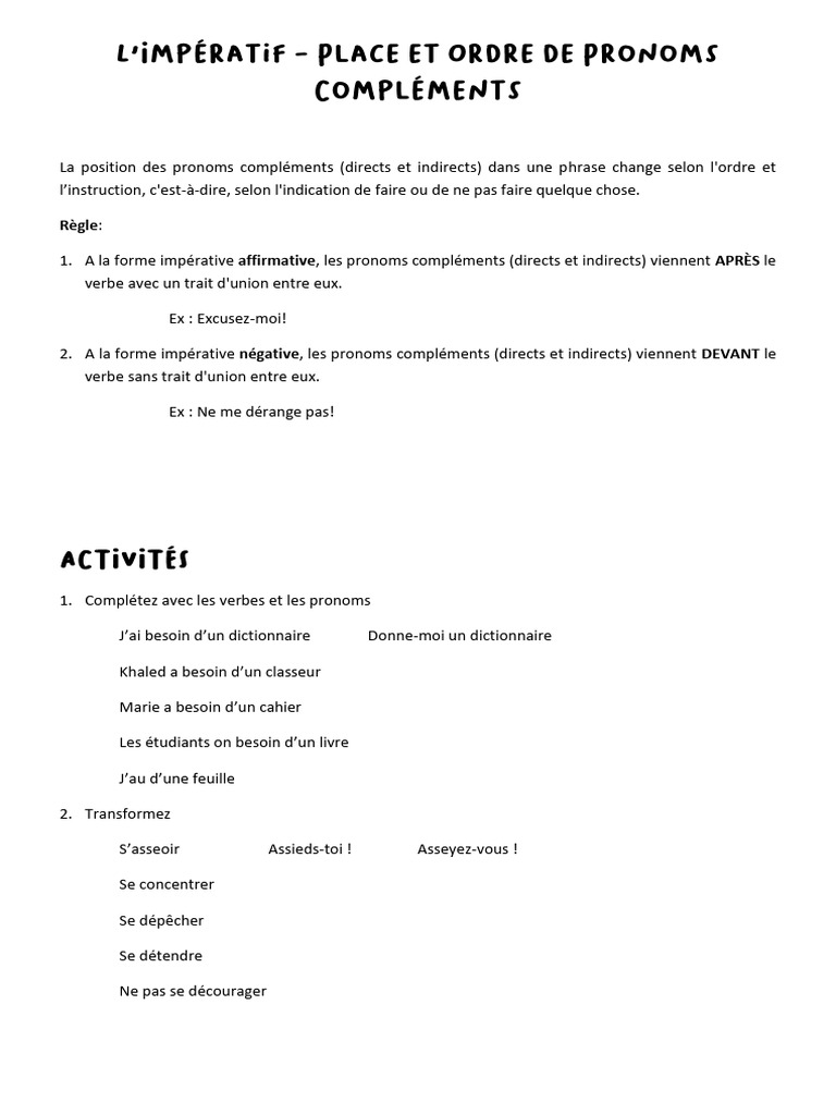 Impératif Et Pronoms Compléments | PDF | Arts du langage et discipline