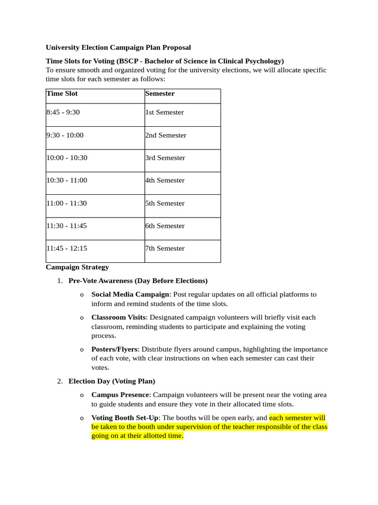 University Election Campaign Plan Proposal | PDF | Career & Growth