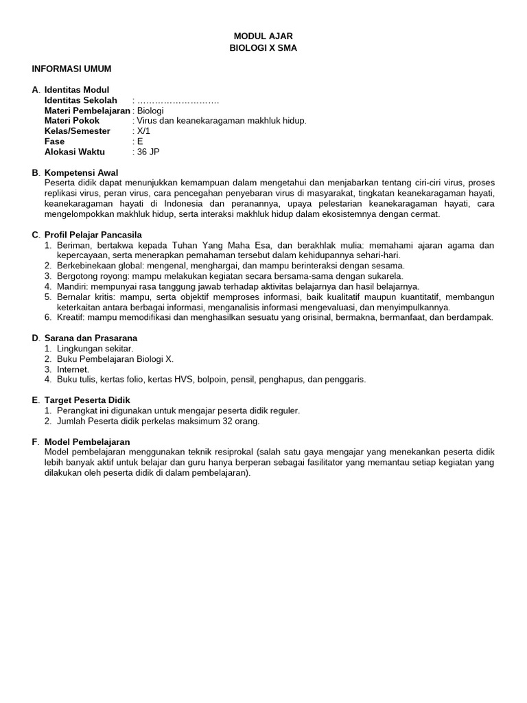 Modul Ajar Biologi: Virus & Keanekaragaman | PDF