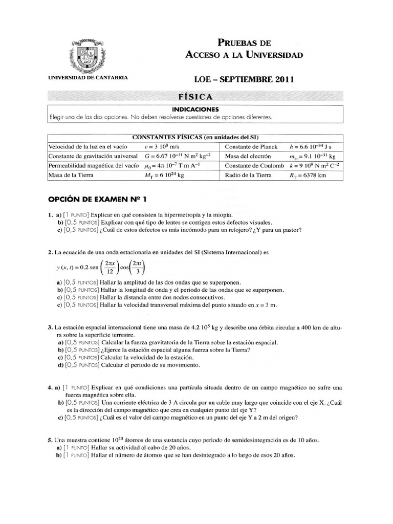 9 Septiembre 2011 1 EBAU Fisica | PDF | Olas | Miopía
