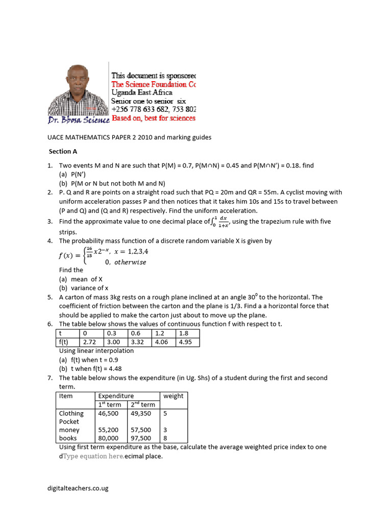 Uace Mathematics Paper 2 2010 and Marking Guide | PDF | Confidence ...