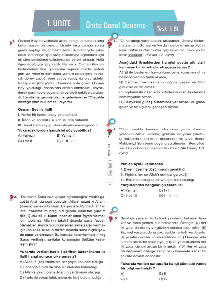 Sınıf Din 1. Ünite Sonu Denemeleri 11'li | PDF
