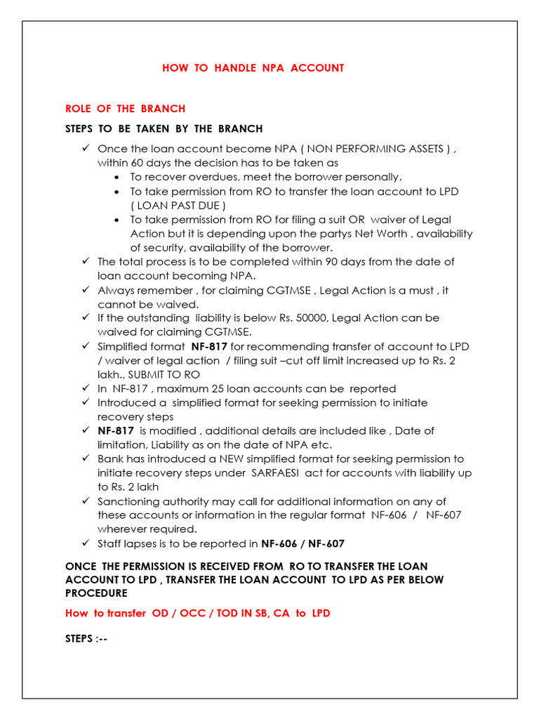 NPA Account Handling Procedures Guide | PDF | Lawsuit | Loans