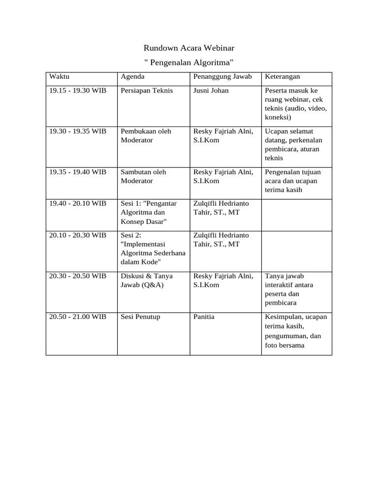 Rundown Acara Webinar Pengenalan Algoritma | PDF