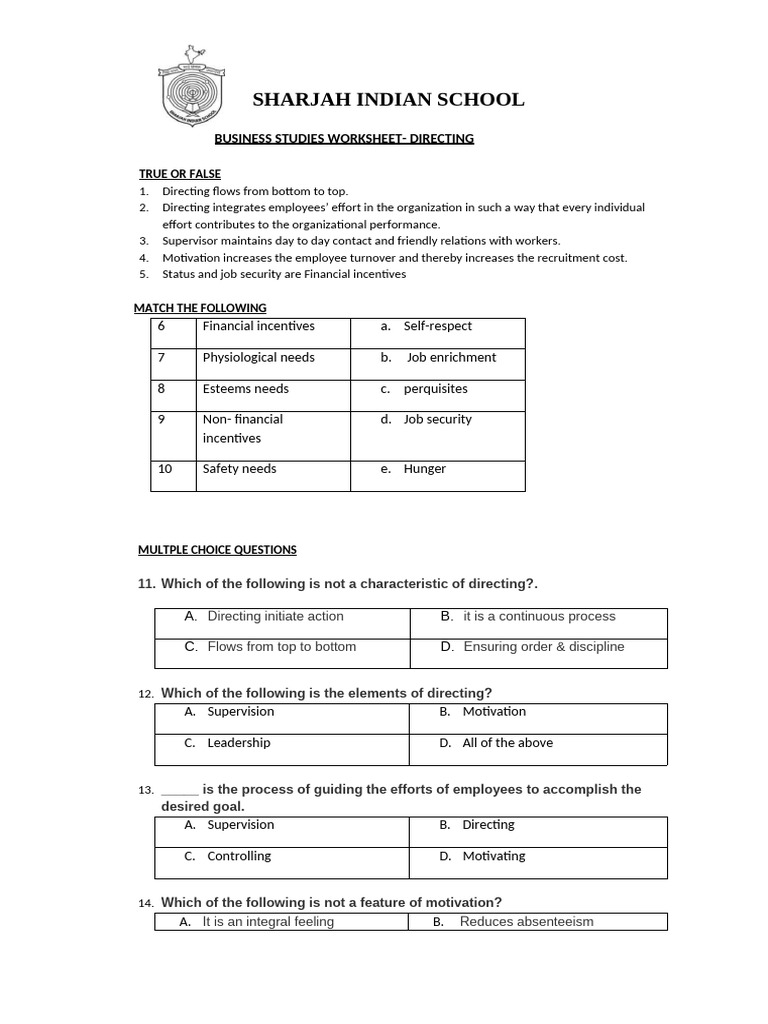 Business Studies Worksheet: Directing | PDF