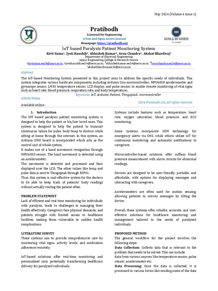 IoT Based Paralysis Patient Monitoring System | PDF | Monitoring ...