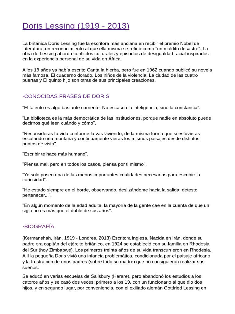 Biografía de Doris Lessing | PDF | Doris Lessing | Novelas